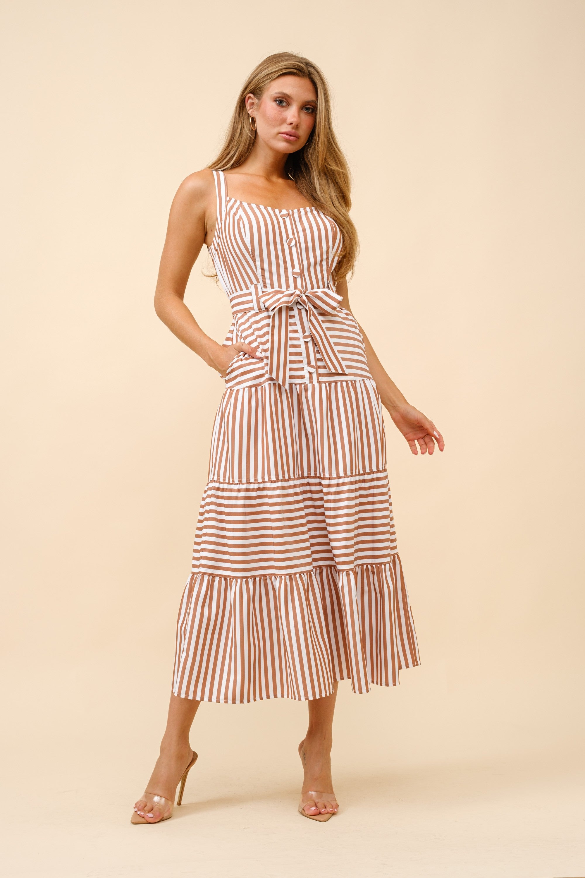 STRIPED SQUARE NECK TIERED MIDI DRESS – Bella Chica